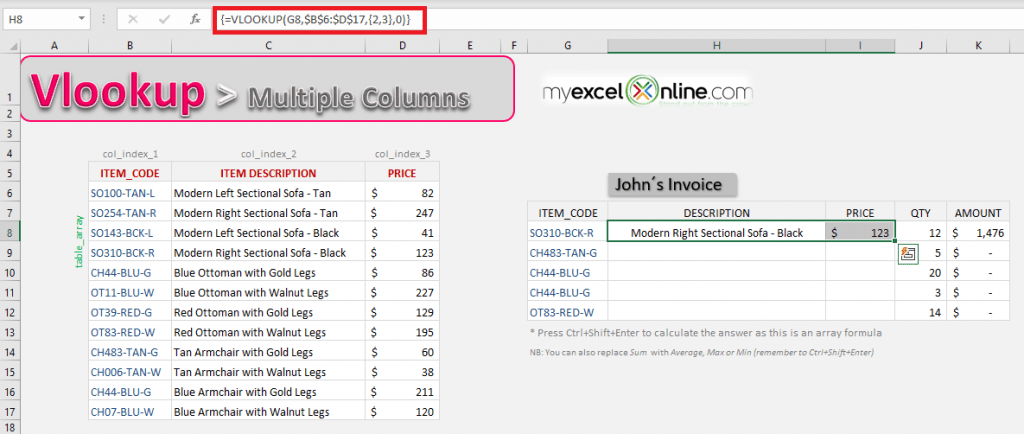 Excel VLOOKUP Multiple Columns| MyExcelOnline