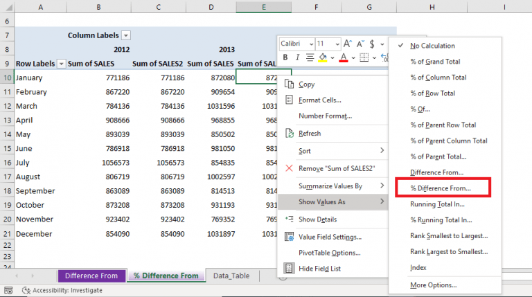 Calculate Difference between Two Pivot Tables | MyExcelOnline