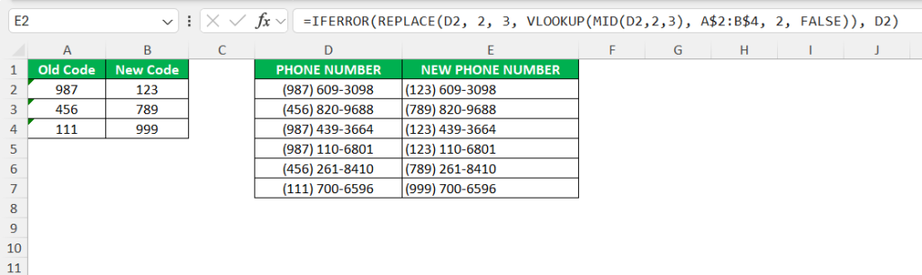 Change Phone Area Codes with Excel’s REPLACE Formula