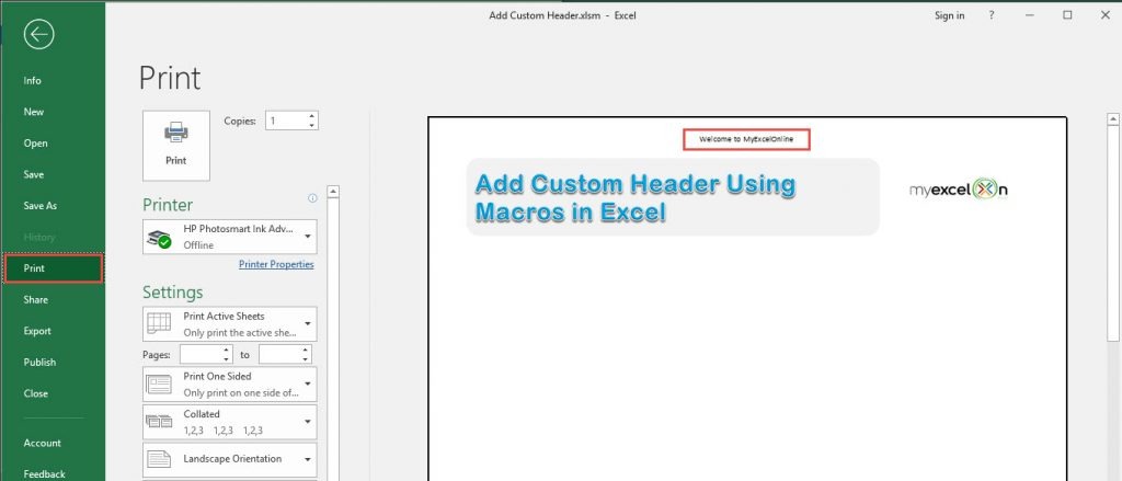 Add Custom Header Using Macros | MyExcelOnline