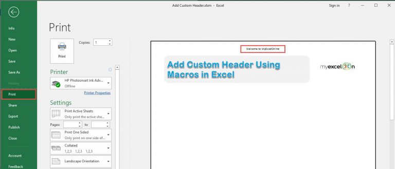 Add Custom Header Using Macros | MyExcelOnline