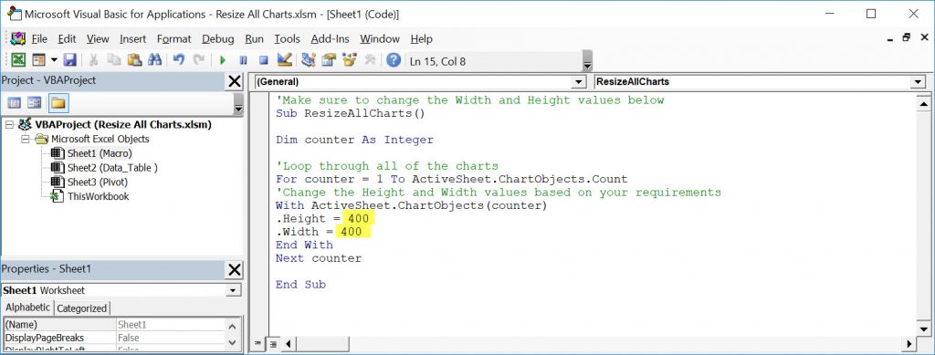 Resize All Charts Using Macros Myexcelonline