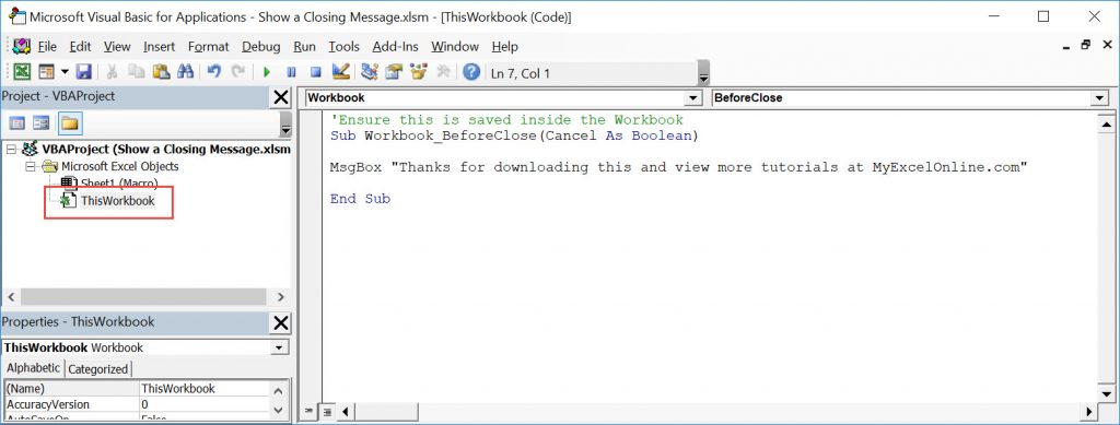 Show a Closing Message Using Macros | MyExcelOnline