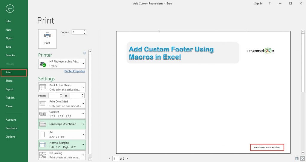 Add Custom Footer Using Macros | MyExcelOnline