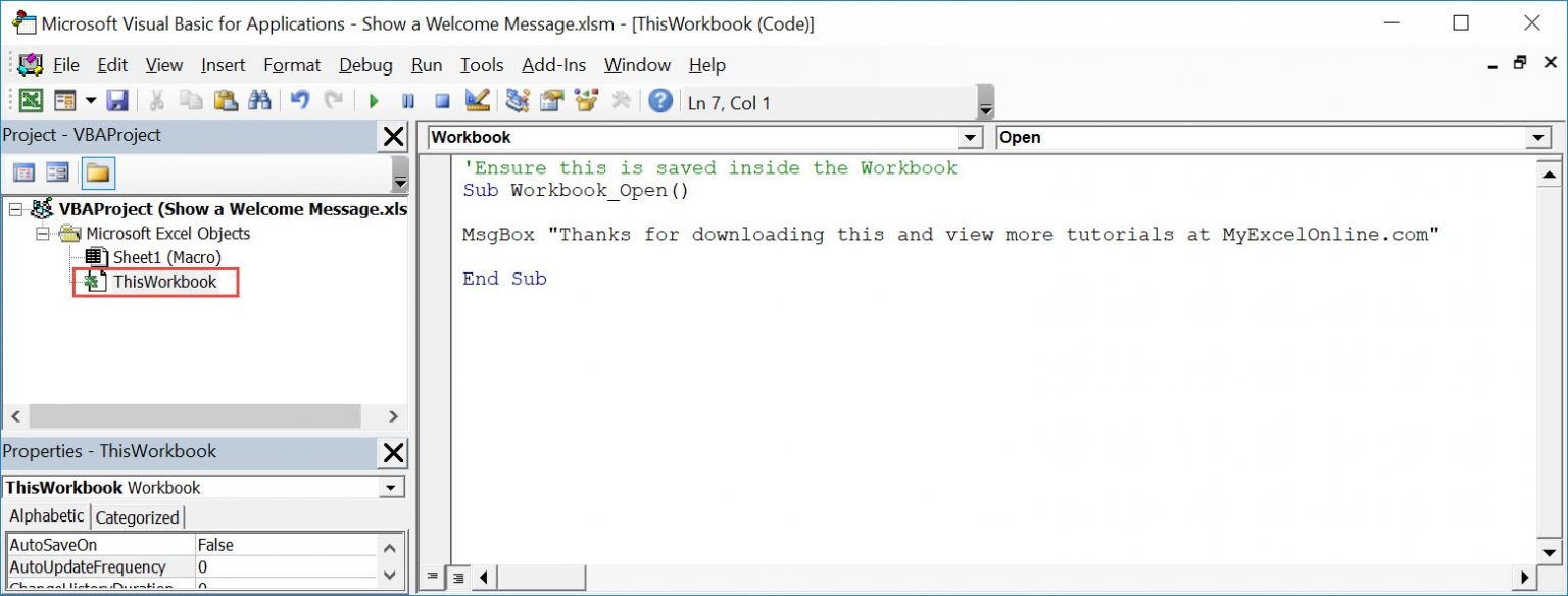 Show a Welcome Message Using Macros | MyExcelOnline