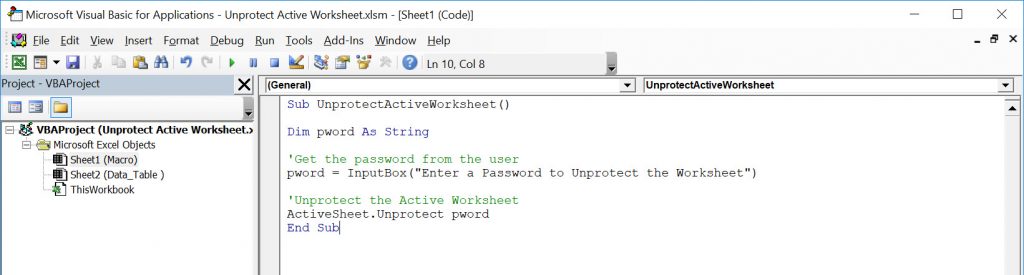 Unprotect Active Worksheet Using Macros | MyExcelOnline