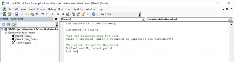Unprotect Active Worksheet Using Macros | MyExcelOnline