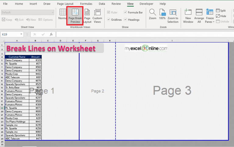Break Line on Worksheet | MyExcelOnline