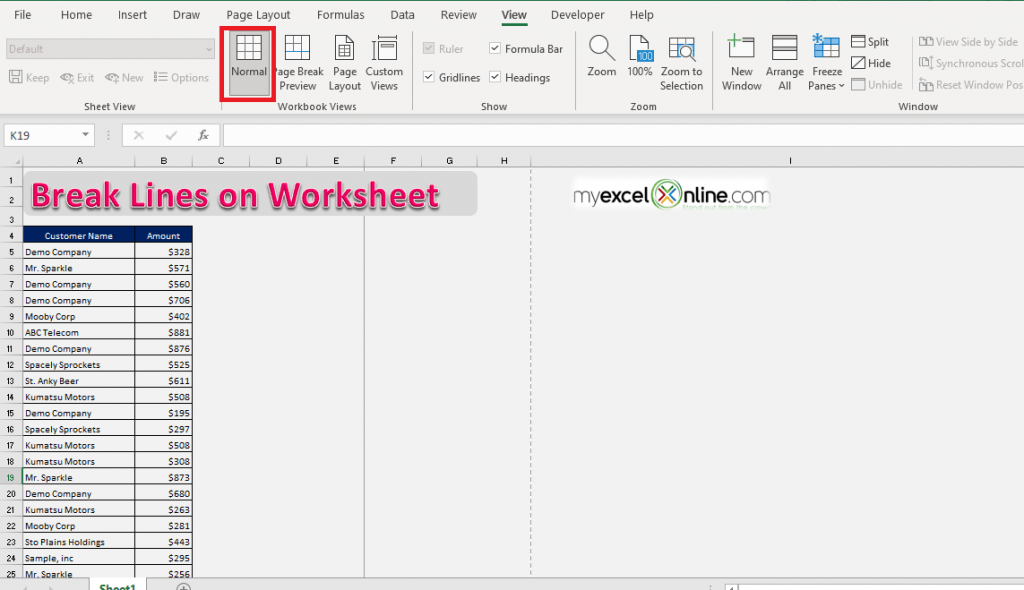Break Line on Worksheet | MyExcelOnline