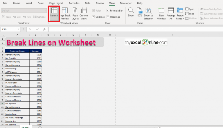 Break Line on Worksheet | MyExcelOnline