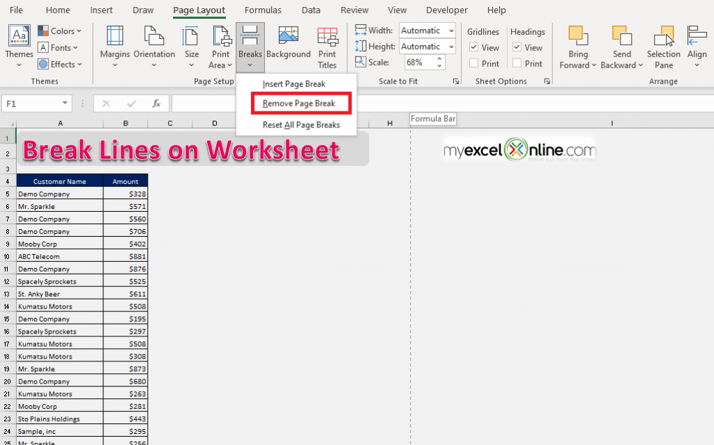 Break Line on Worksheet | MyExcelOnline